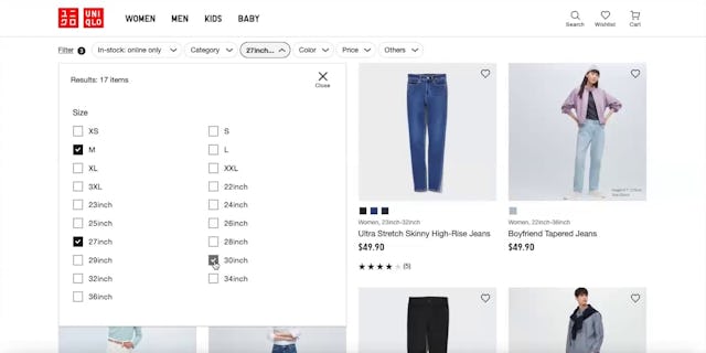 Apparel E-commerce: Group and Label Size Filter Options – Baymard